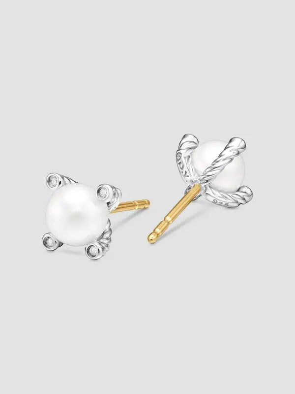 David Yurman Stud Earrings In Sterling Silver With Pearls And Diamonds, 7.4mm