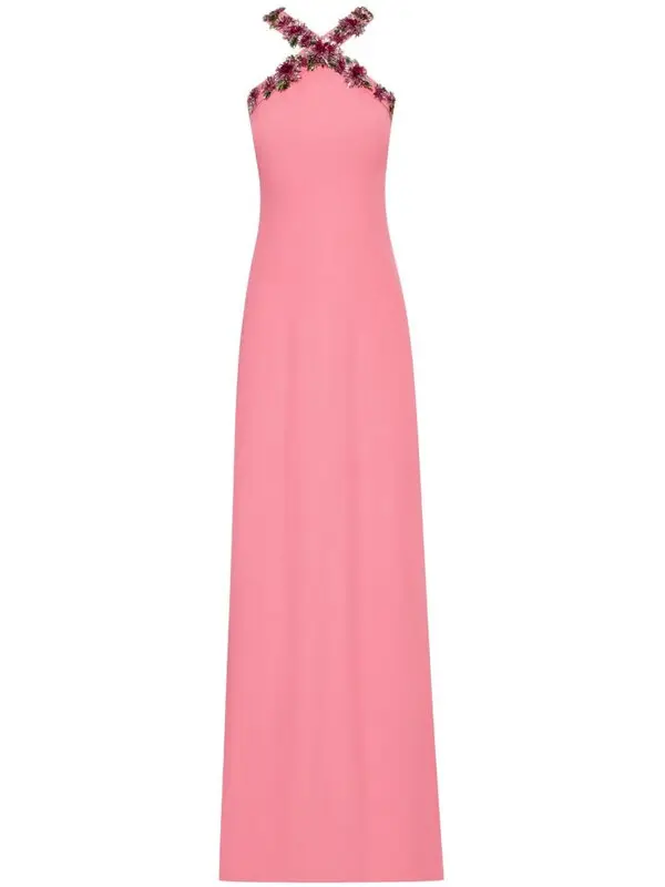 Oscar De La Renta Dahlia Floral-crystal Crepe Gown - Pink