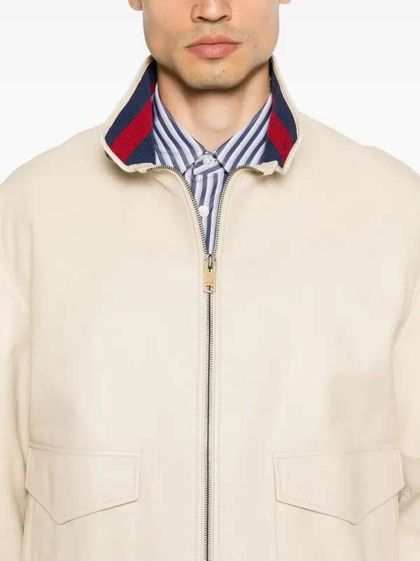 Gucci Web-Collar Leather Jacket - Neutrals | Editorialist