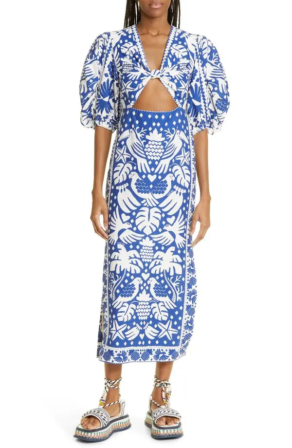 Farm Rio Jungle Scarf Puff Sleeve Cutout Linen Blend Dress In Jungle Scarf  Navy Bl - 40% Off | Editorialist