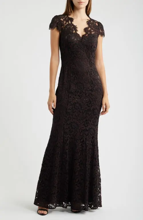 Eliza J Illusion Cap-sleeve Gown - Chocolate