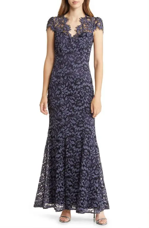 Eliza J Illusion Cap-sleeve Gown - Navy