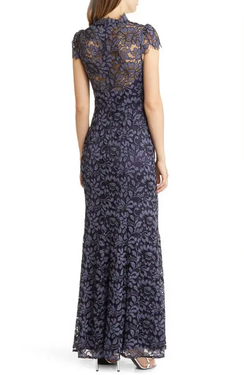 Eliza J Illusion Cap-sleeve Gown - Navy