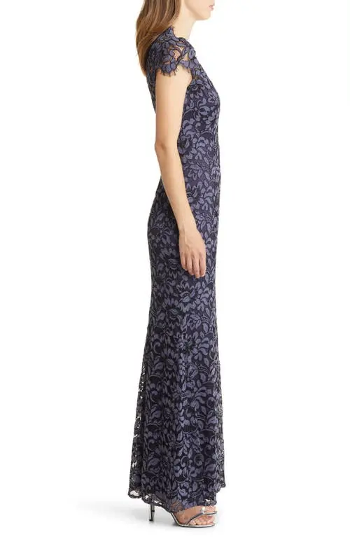 Eliza J Illusion Cap-sleeve Gown - Navy