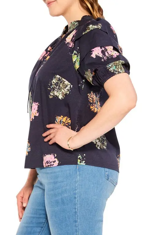 NIC+ZOE Printed Stretch-cotton Blouse With Tiered Sleeves