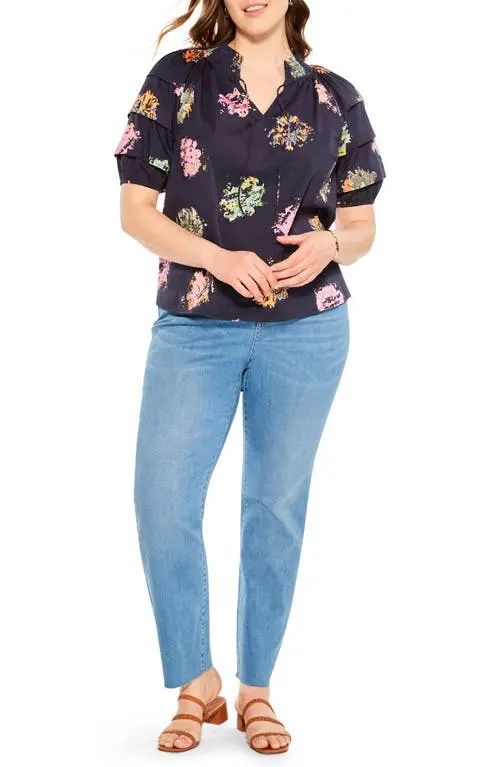 NIC+ZOE Printed Stretch-cotton Blouse With Tiered Sleeves