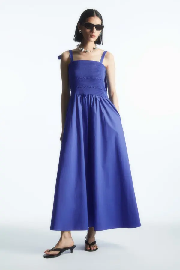 cos blue midi dress Tie-Detail Smocked In - 70% Off So Chic It's Scary… sevila Color:Scarlet