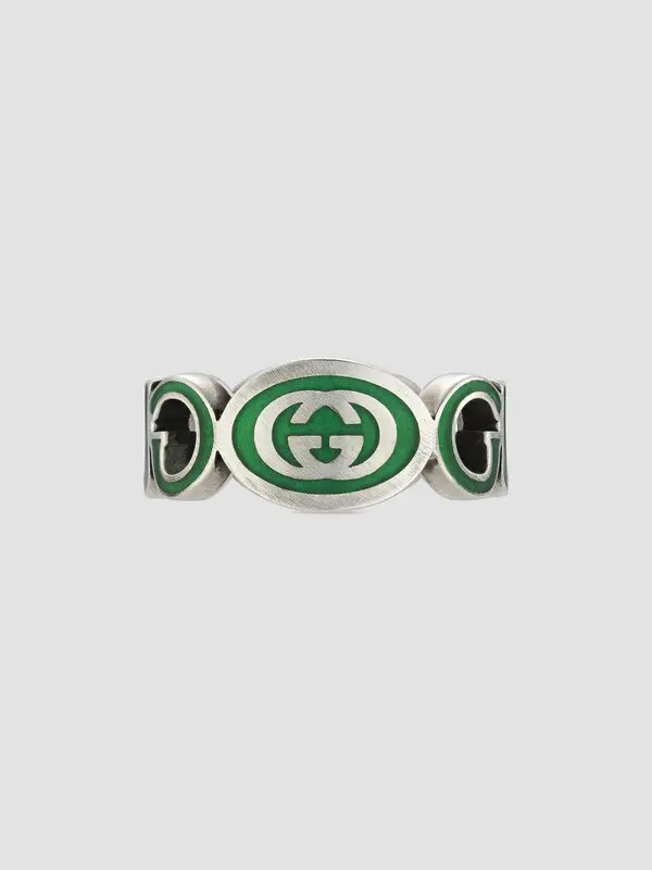 Gucci Interlocking G Sterling & Green Enamel Cut-out Ring - Silver