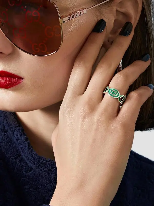 Gucci Interlocking G Sterling & Green Enamel Cut-out Ring