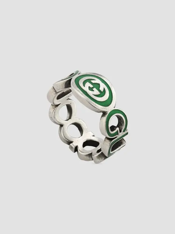 Gucci Interlocking G Sterling & Green Enamel Cut-out Ring