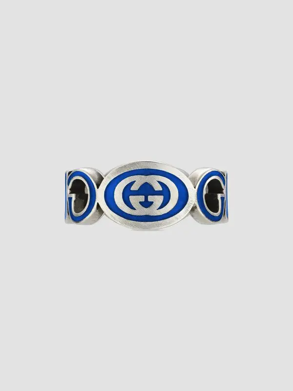 Gucci Interlocking G Sterling & Blue Enamel Cut-out Ring - Silver