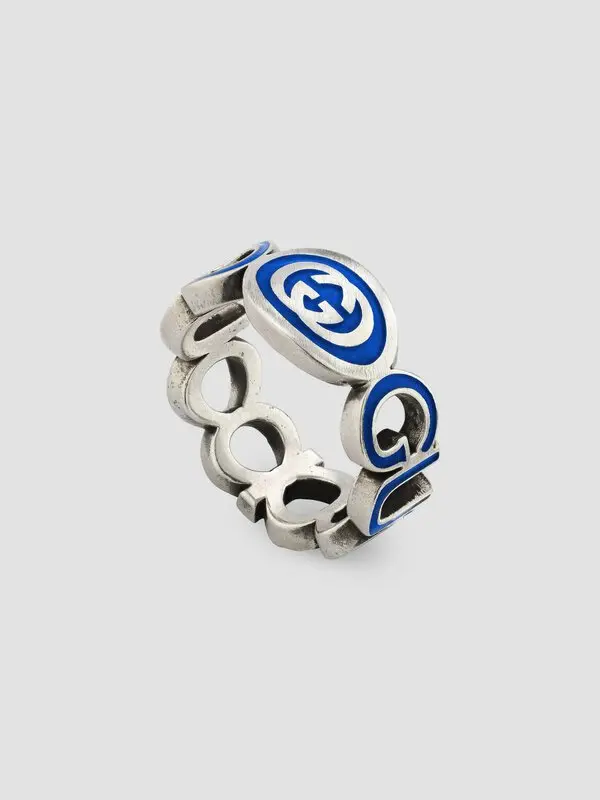 Gucci Interlocking G Sterling & Blue Enamel Cut-out Ring - Silver