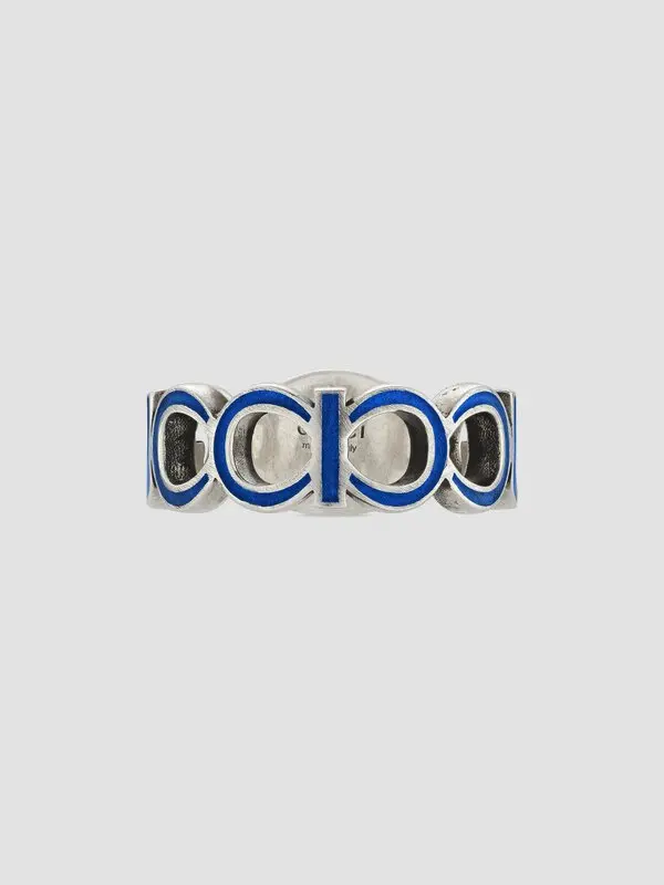 Gucci Interlocking G Sterling & Blue Enamel Cut-out Ring - Silver