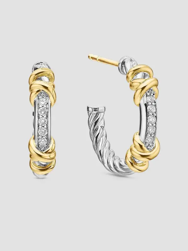 David Yurman Petite Helena Wrap Hoop Earrings In Sterling Silver With 18k Yellow And Diamonds - Diamond