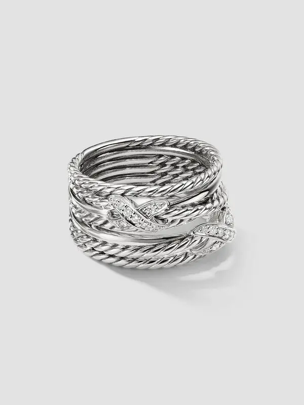 David Yurman Double X Crossover Ring With Pavé Diamonds - Sterling Silver