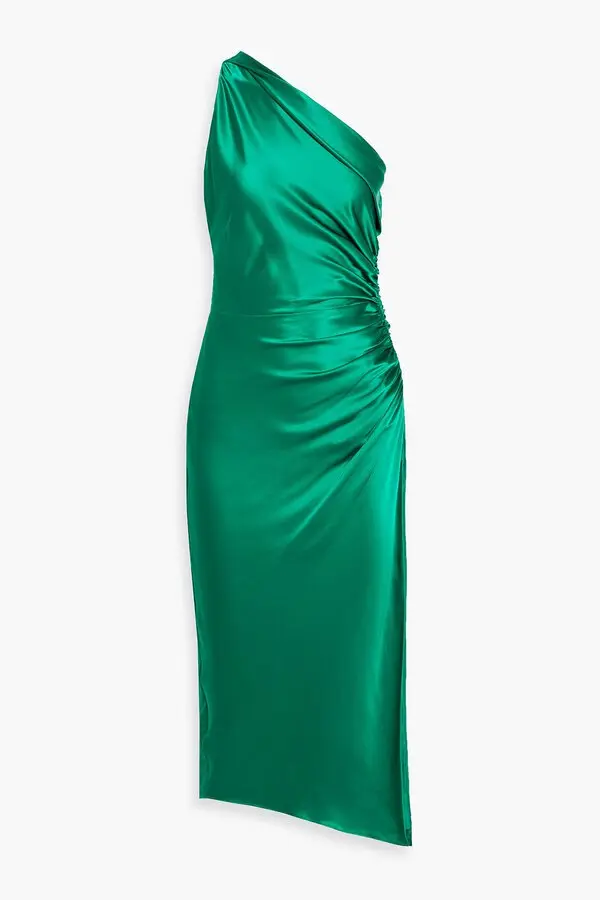 Michelle Mason One-shoulder Ruched Silk-satin Midi Dress - Jade