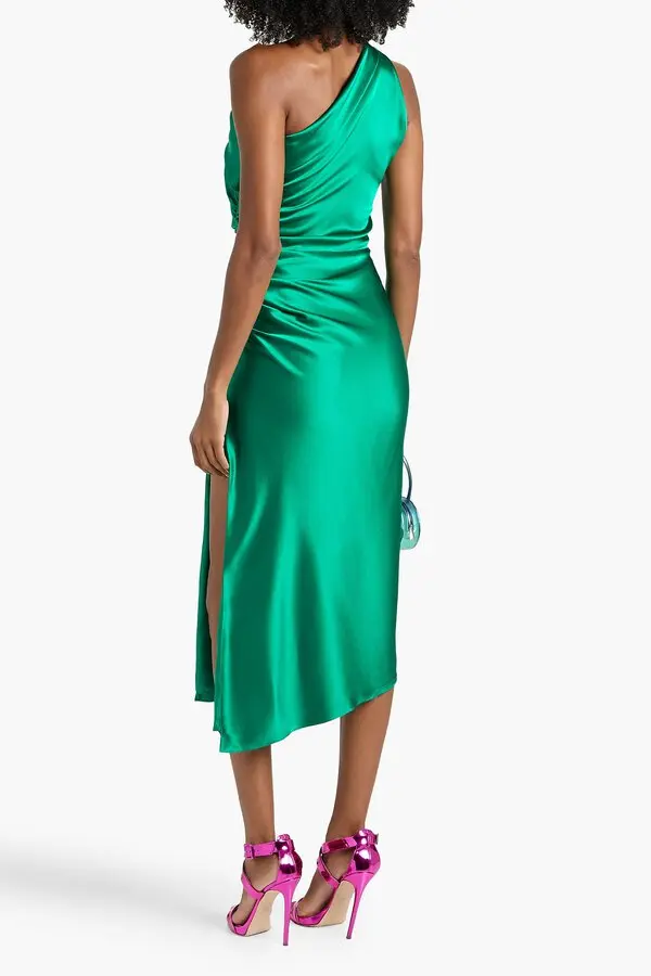 Michelle Mason One-shoulder Ruched Silk-satin Midi Dress - Jade