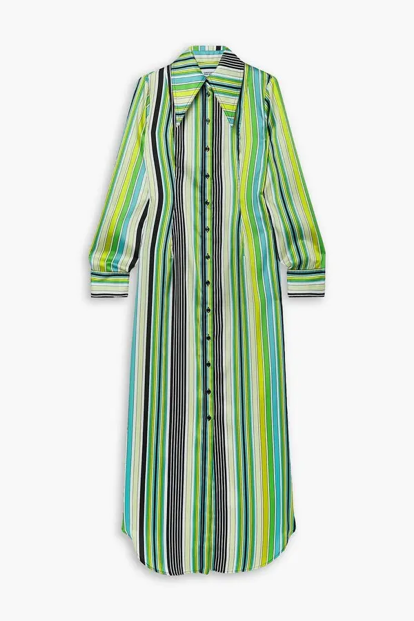 Christopher John Rogers Striped Satin Maxi Shirt Dress Green
