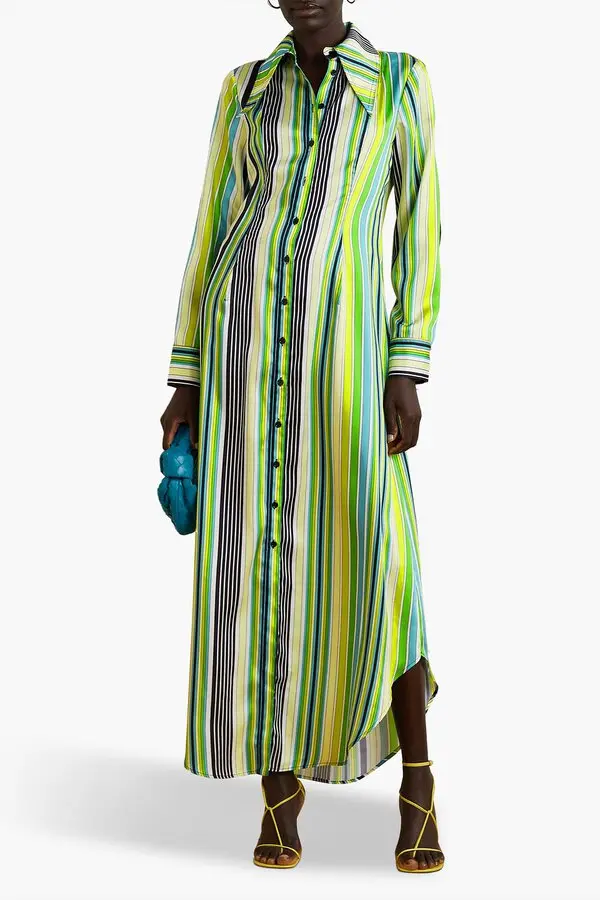 Christopher John Rogers Striped Satin Maxi Shirt Dress Green