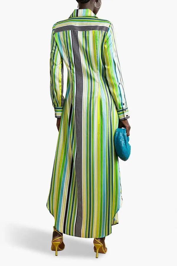 Christopher John Rogers Striped Satin Maxi Shirt Dress Green
