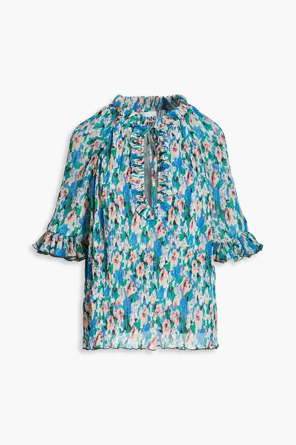 GANNI Pleated Floral Georgette Top With Ruffled Trims - Multicolor