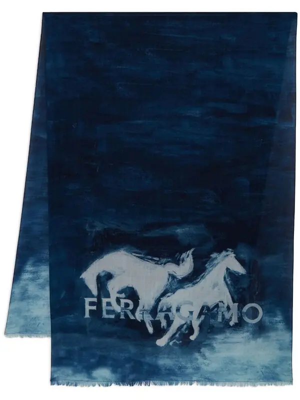 FERRAGAMO Horse-print Wool Stole - Blue