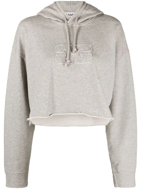 GANNI Logo-embossed Cropped Hoodie - Grey