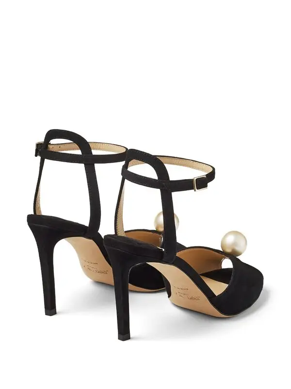 JIMMY CHOO Sacora 85 Suede Pearl Embellished Peep Toe Sandals