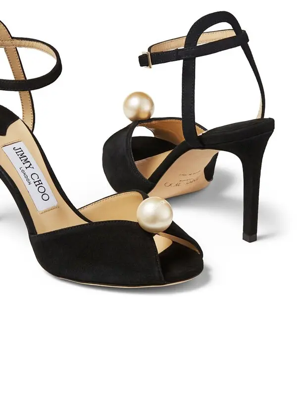 JIMMY CHOO Sacora 85 Suede Pearl Embellished Peep Toe Sandals