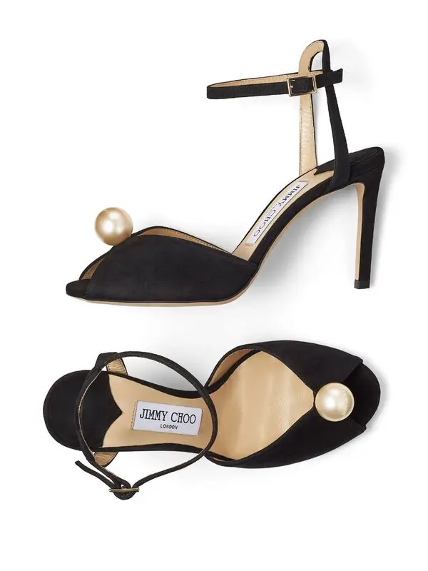 JIMMY CHOO Sacora 85 Suede Pearl Embellished Peep Toe Sandals