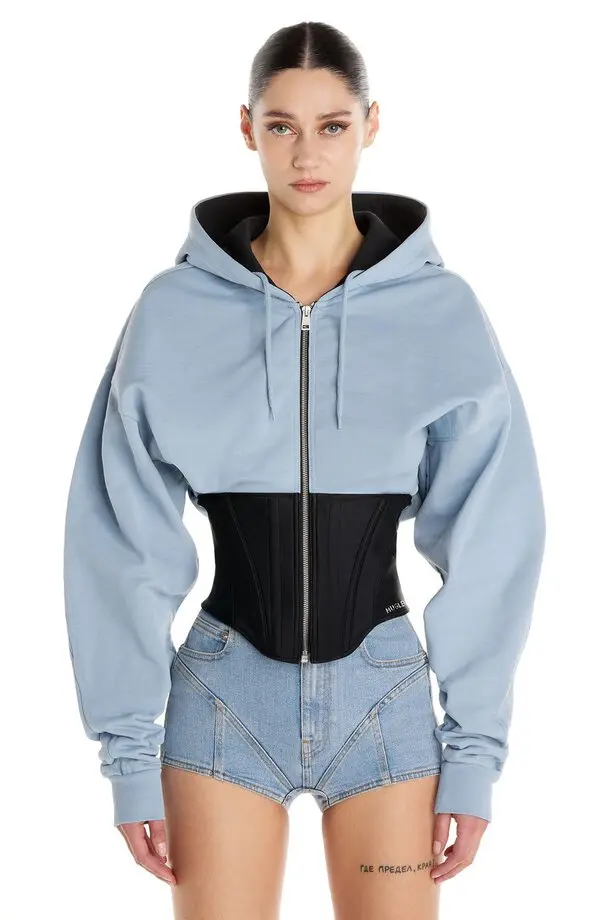 Mugler Oversize Corset Hoodie Light Blue Black Editorialist