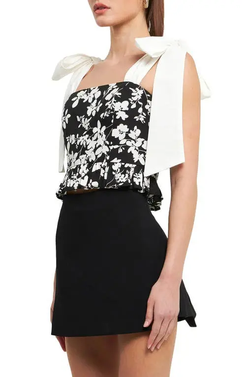 Endless Rose Bow Strap Peplum Tank - Black/white