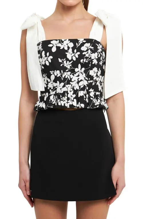 Endless Rose Bow Strap Peplum Tank - Black/white