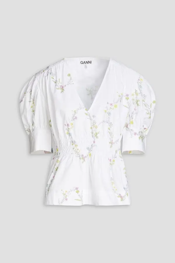 GANNI Shirred Floral-print Cotton-poplin Blouse