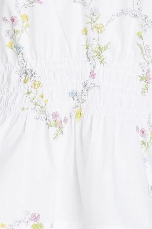 GANNI Shirred Floral-print Cotton-poplin Blouse