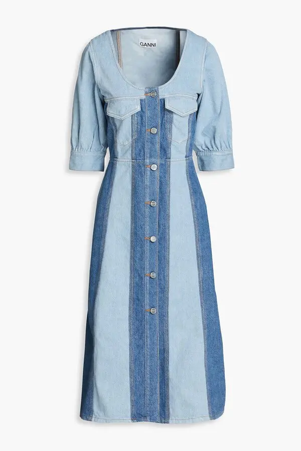 ganni light denim dress GANNI Mid Blue Stone Tapestry Denim Mini Dress Mid Blue / 38