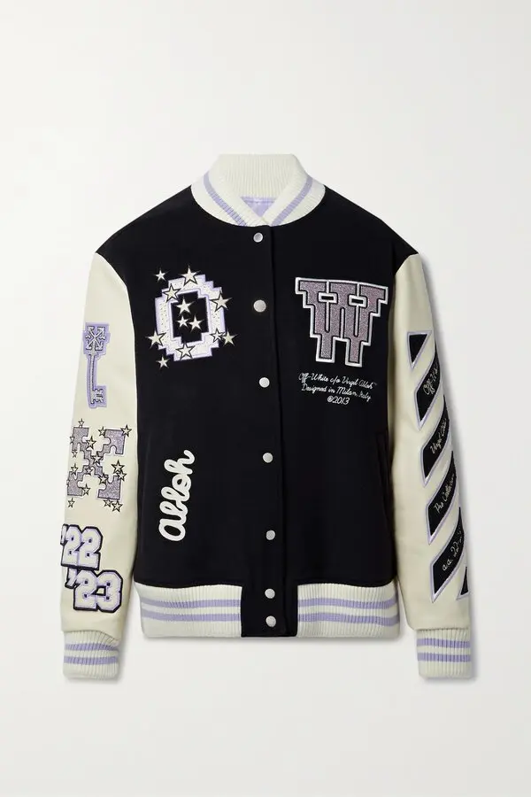 Off-White Appliquéd Embroidered Wool-blend And Leather Bomber Jacket