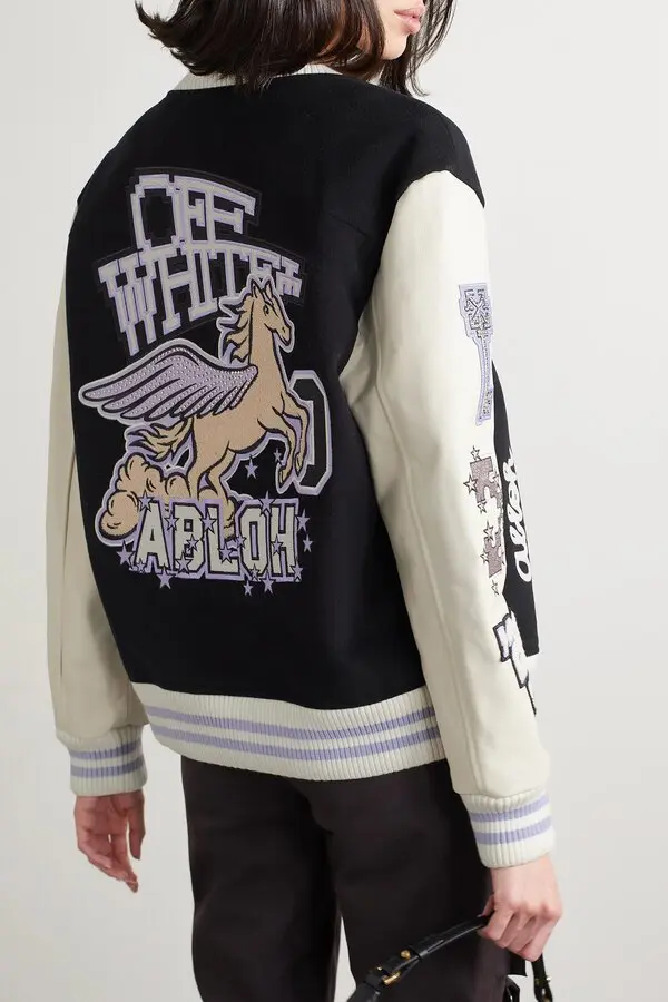 Off-White Appliquéd Embroidered Wool-blend And Leather Bomber Jacket
