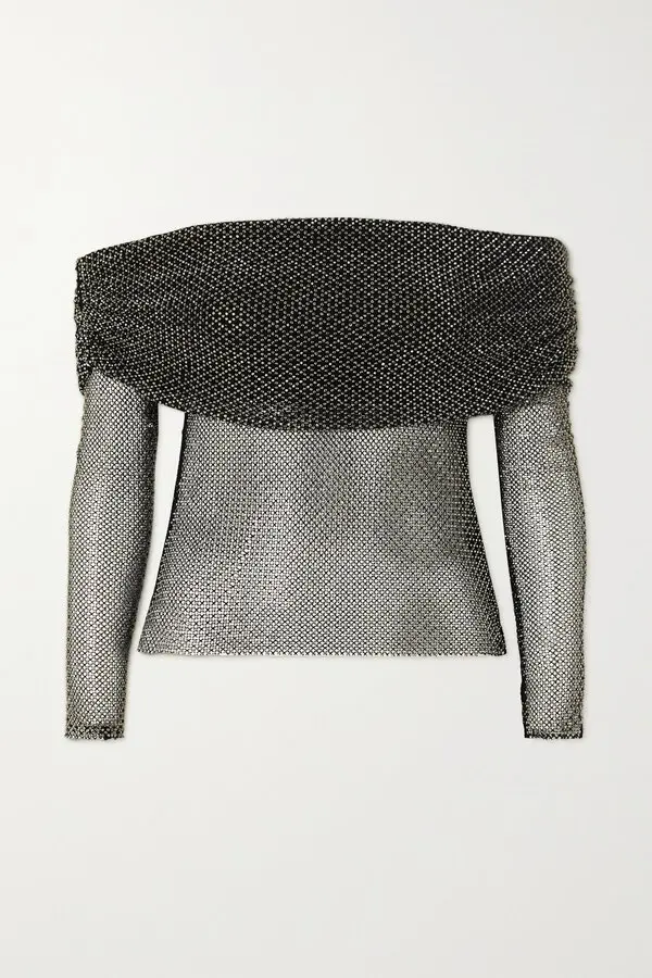 SELF-PORTRAIT Off-the-shoulder Crystal-embellished Mesh Top