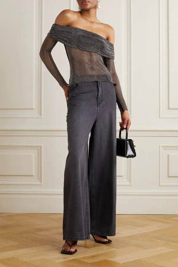 SELF-PORTRAIT Off-the-shoulder Crystal-embellished Mesh Top