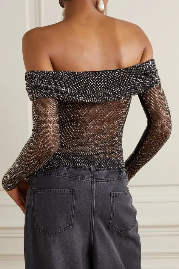 SELF-PORTRAIT Off-the-shoulder Crystal-embellished Mesh Top