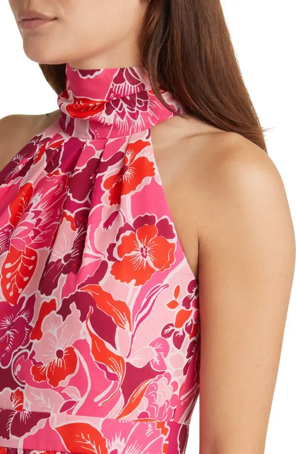 eliza j pleated floral dress ELIZA J Maxi Dress Floral Print Watercolor Pleated Halter Smocked Chiffon  Size 6