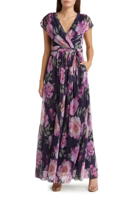 Eliza J Floral Print Tie Waist Maxi Dress In Navy Lilac - 70% Off |  Editorialist