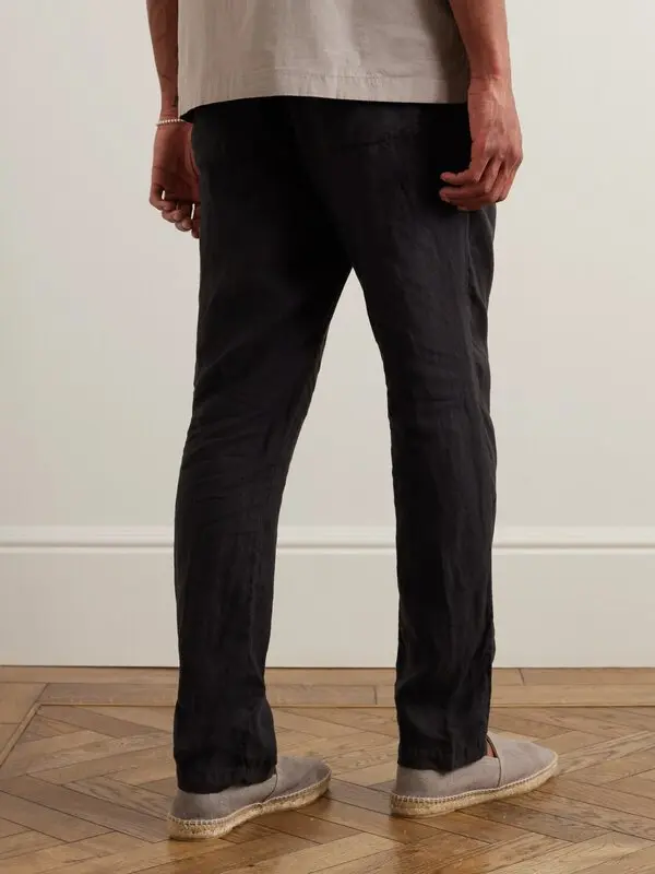 JAMES PERSE Garment-dyed Straight-leg Linen Drawstring Trousers - Black