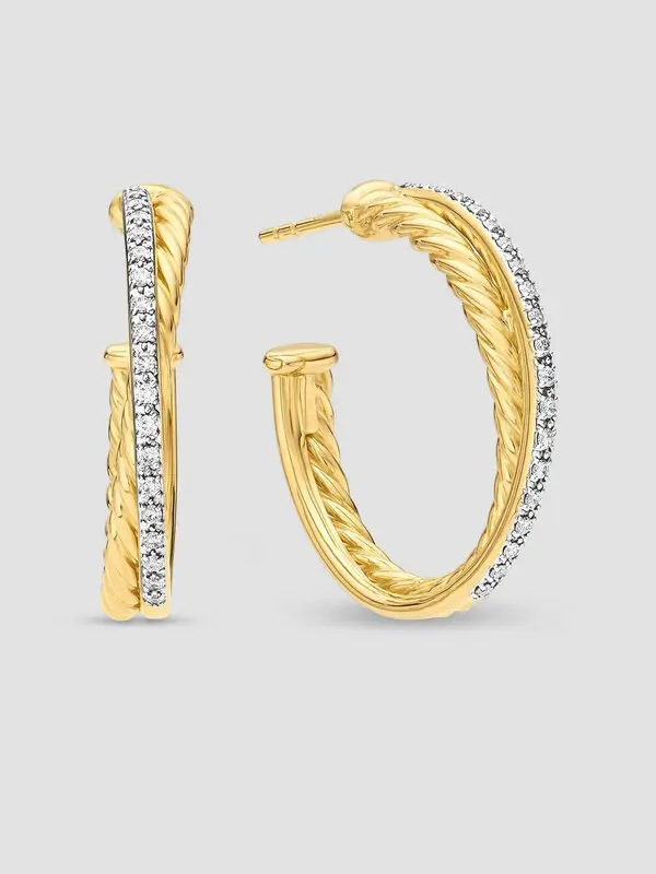 David Yurman Crossover Hoop Earrings In 18k Yellow With Diamonds, 26.5mm