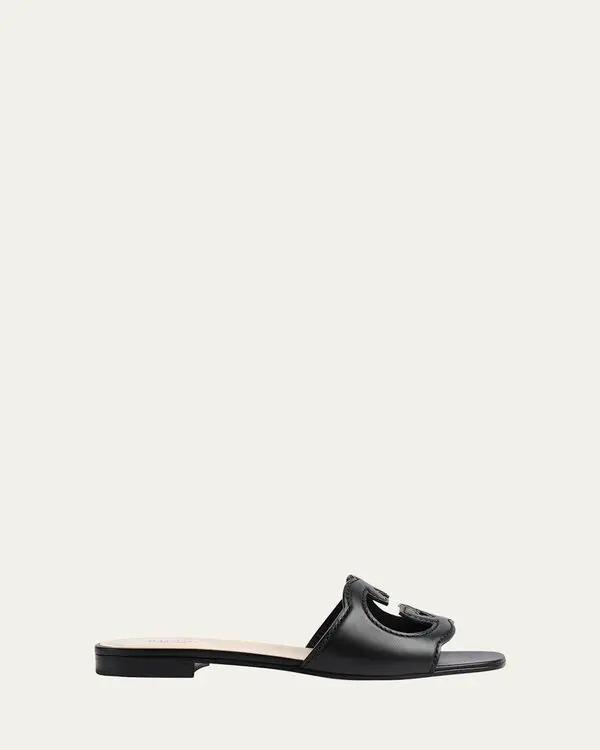 Gucci Leather Logo Cutout Flat Sandals - Black