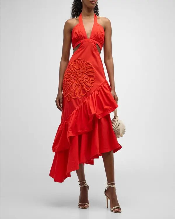 navy blue dress for baby girl Johanna Ortiz Collective Beliefs Cutout Tiered-Ruffle Asymmetric Midi Dress  In Rojo Flamenco - 75% Off
