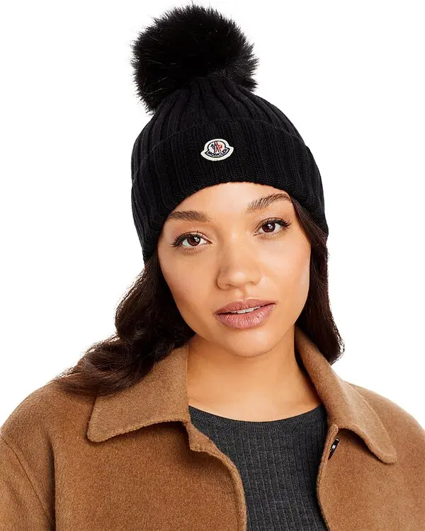 Moncler Wool Ribbed Beanie With Pom-pom - Black