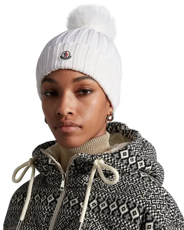 Moncler Wool Ribbed Beanie With Pom-Pom - Ivory | Editorialist display picture 1