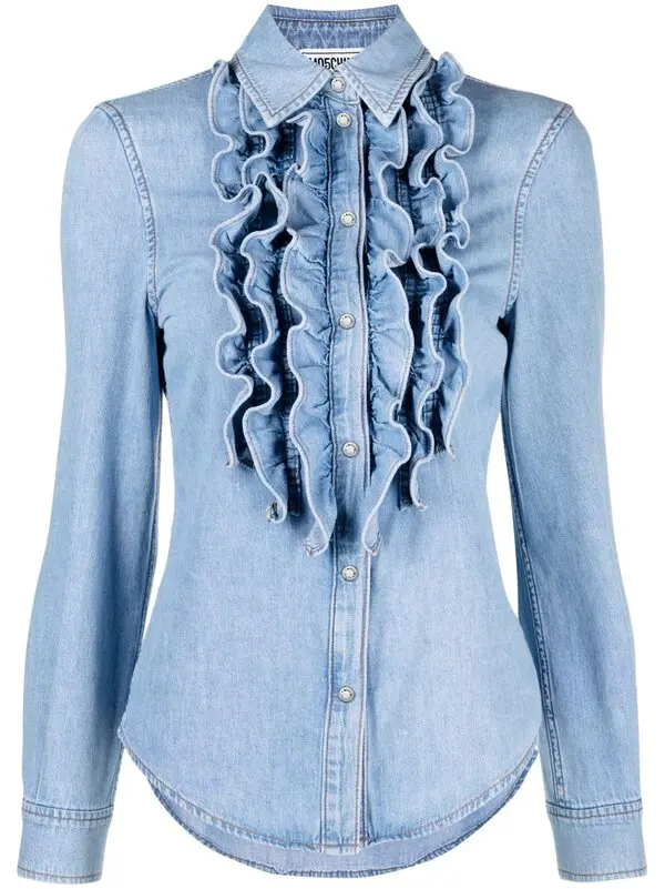 Moschino Ruffled Washed-denim Shirt - Blue